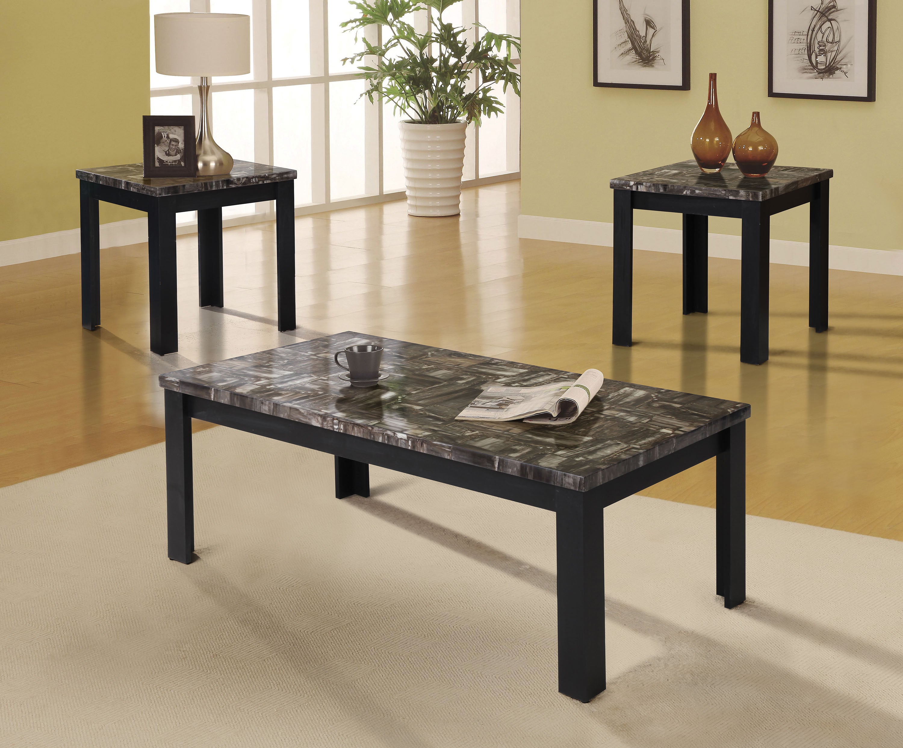 Carly Faux Marble Black Coffee End Table Set 3Pc Pk